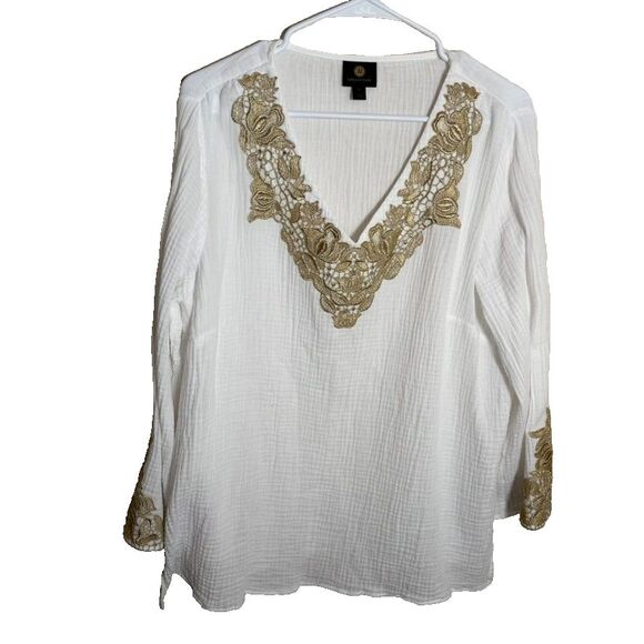 JM Collection | Tops | Jm Collection Blouse Womens Xl White Gold Gauze ...